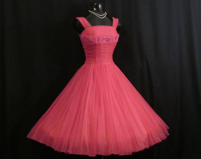 Vintage 50s 1950's HOT PINK Fuschia Ruched CHIFFON Organza - Etsy