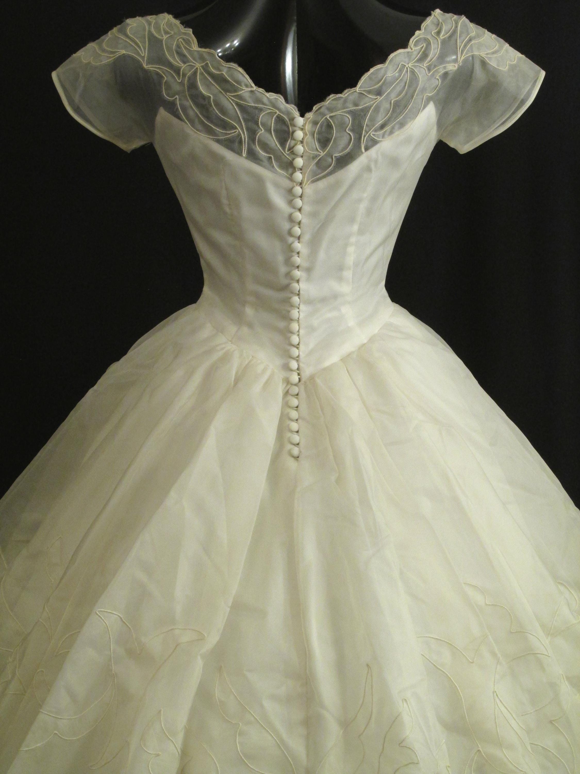 Vintage 1950's 50's Ivory Silk Rayon Chiffon Organza Lace Applique ...