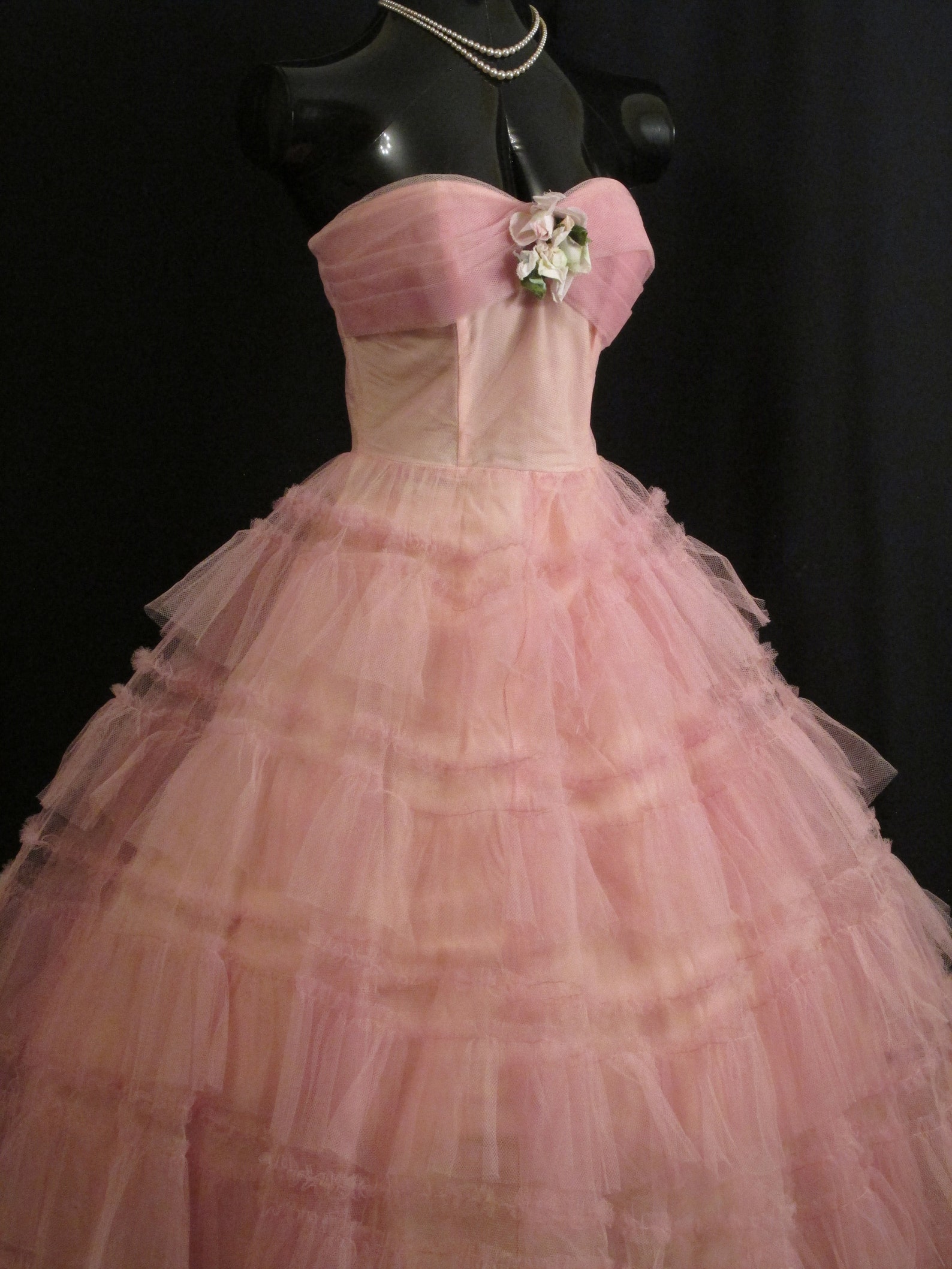 Vintage 1950's 50s Bombshell STRAPLESS Pink Mauve Tulle Tiered Layered ...