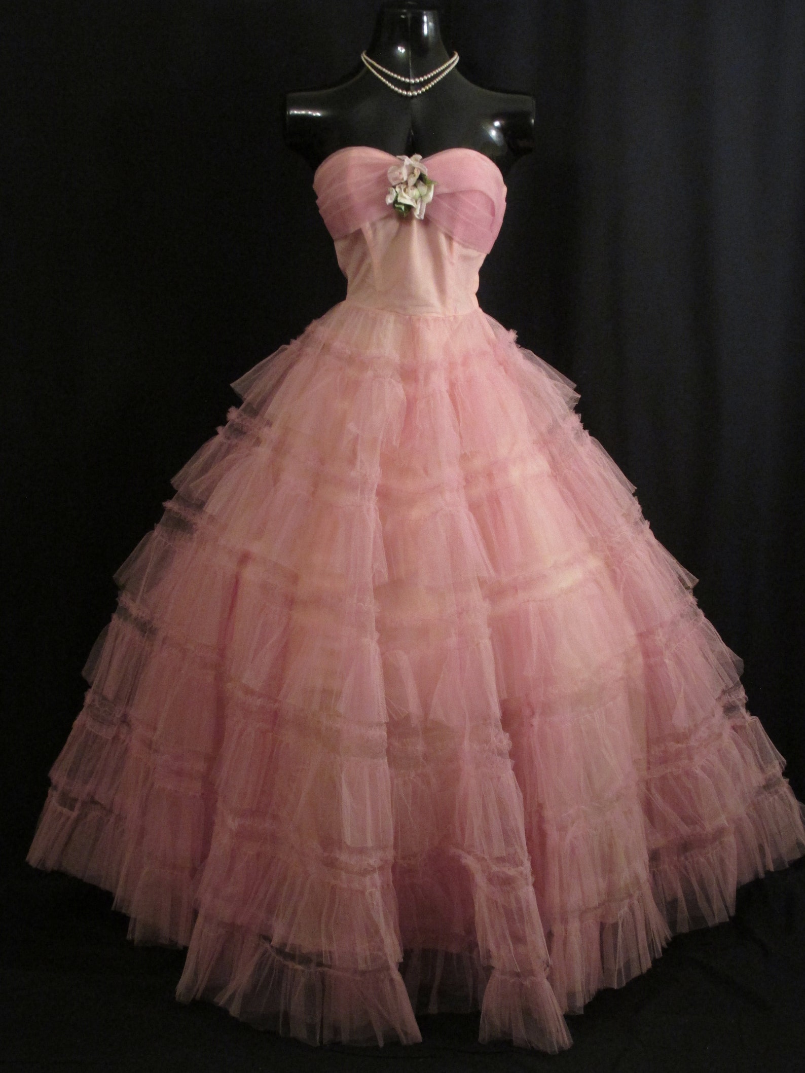 Vintage 1950's 50s Bombshell STRAPLESS Pink Mauve Tulle Tiered Layered ...