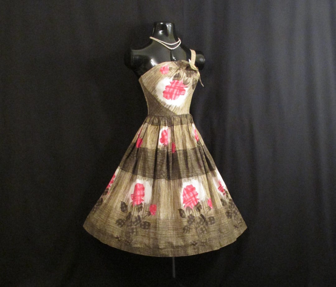 Vintage 1950's 50s Fit & Flare Linzi Line Olive Green Raspberry Pink ...