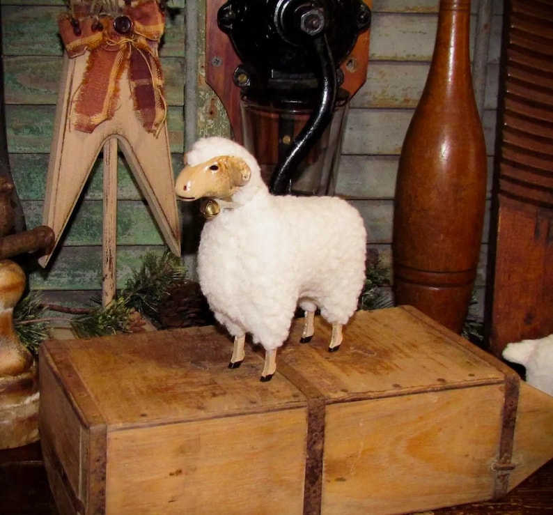 Prim 5 1/2" Wooly Easter German Vtg Style White Sheep Lamb Figure W ...