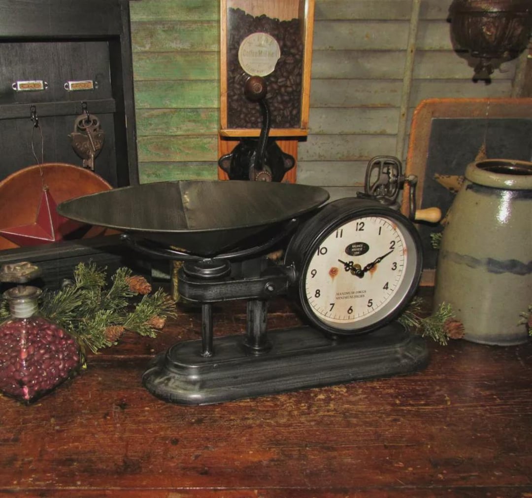 Prim Vtg Style General Store Candy Scale Clock Rustic Key Apothecary ...