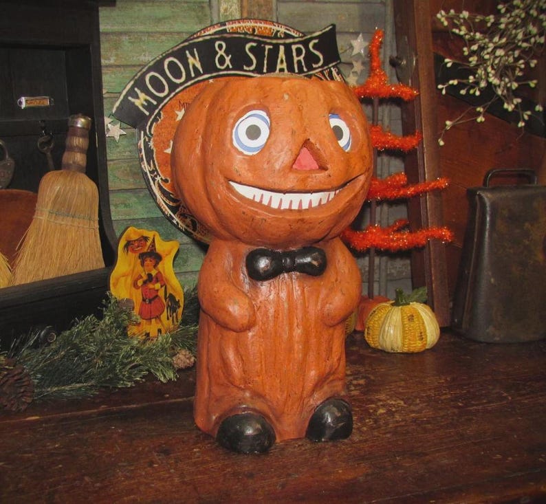 Primitive Resin Halloween Vtg Style Jack-o-lantern Boy Standing Pumpkin ...