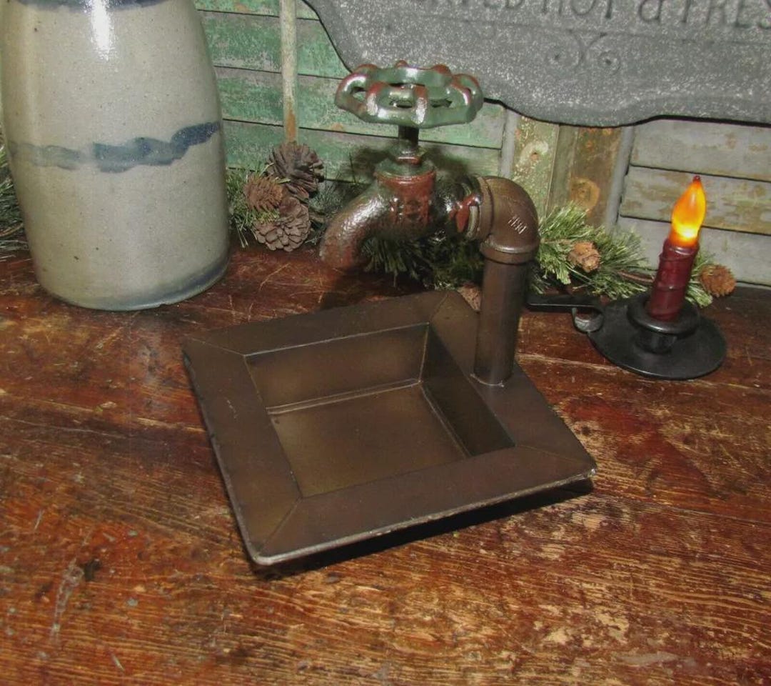 Prim Vtg Style Farmhouse Cast Iron Faucet Soap Keys Apothecary Dish ...