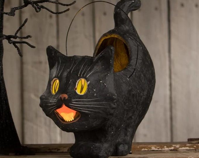 Vintage-inspired Happy Cat Bucket, 6.25"h Paper Mache Halloween Candy ...