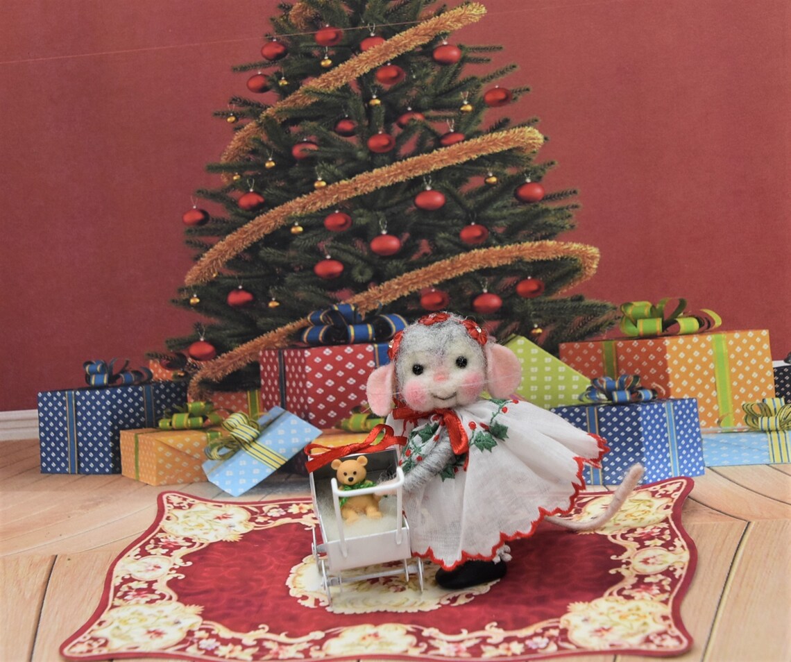 Christmas Day Girl Mouse With Miniature Doll Pram! Needle Felted ...