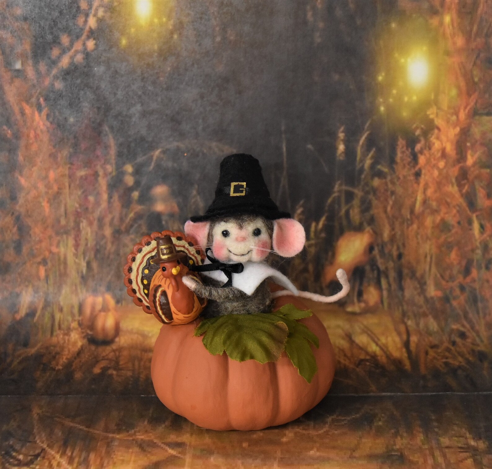 Thanksgiving Pilgrim Mouse and Turkey Centerpiece, Needle Felted ...