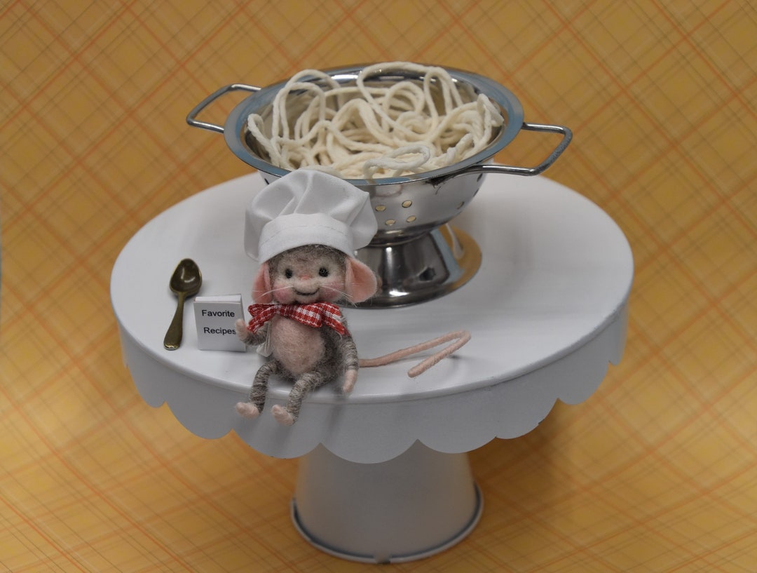 Needle Felted "chef" Mouse With Spaghetti and Stainless Steel Colander ...