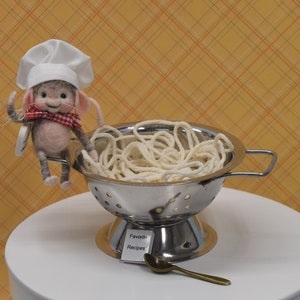 Needle Felted "chef" Mouse With Spaghetti and Stainless Steel Colander ...
