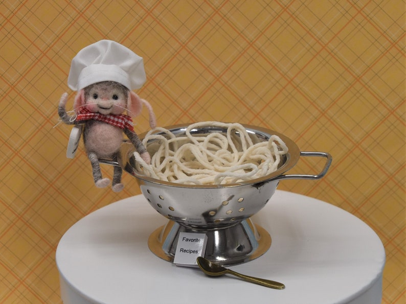 Needle Felted "chef" Mouse With Spaghetti and Stainless Steel Colander ...