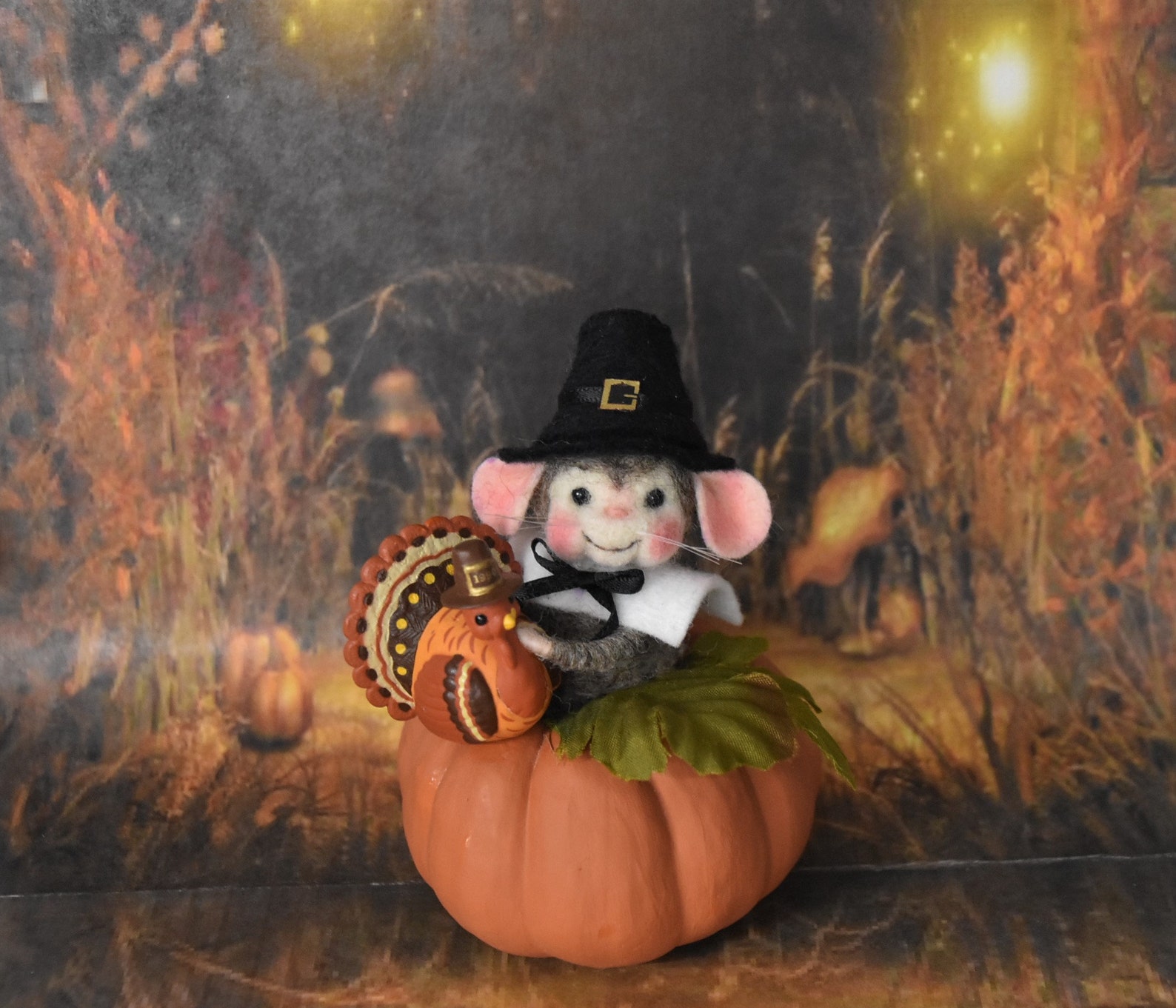 Thanksgiving Pilgrim Mouse and Turkey Centerpiece, Needle Felted ...