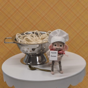 Needle Felted "chef" Mouse With Spaghetti and Stainless Steel Colander ...