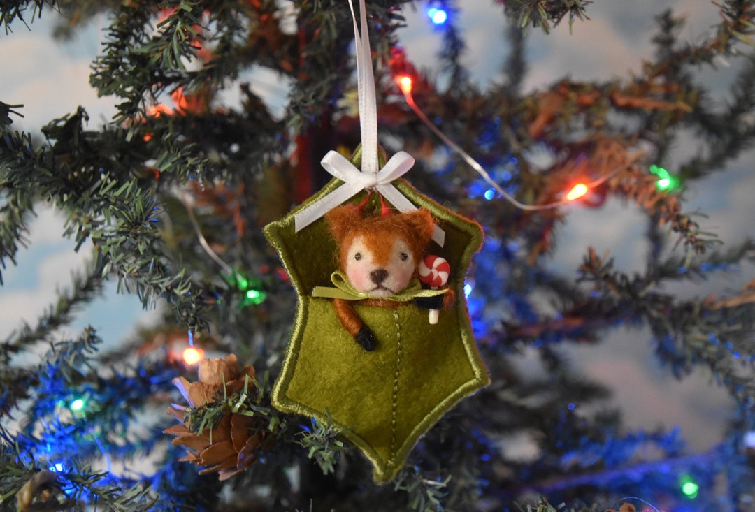 Festive Christmas Fox in A Holly Leaf Bed-needle Felted Christmas Tree ...