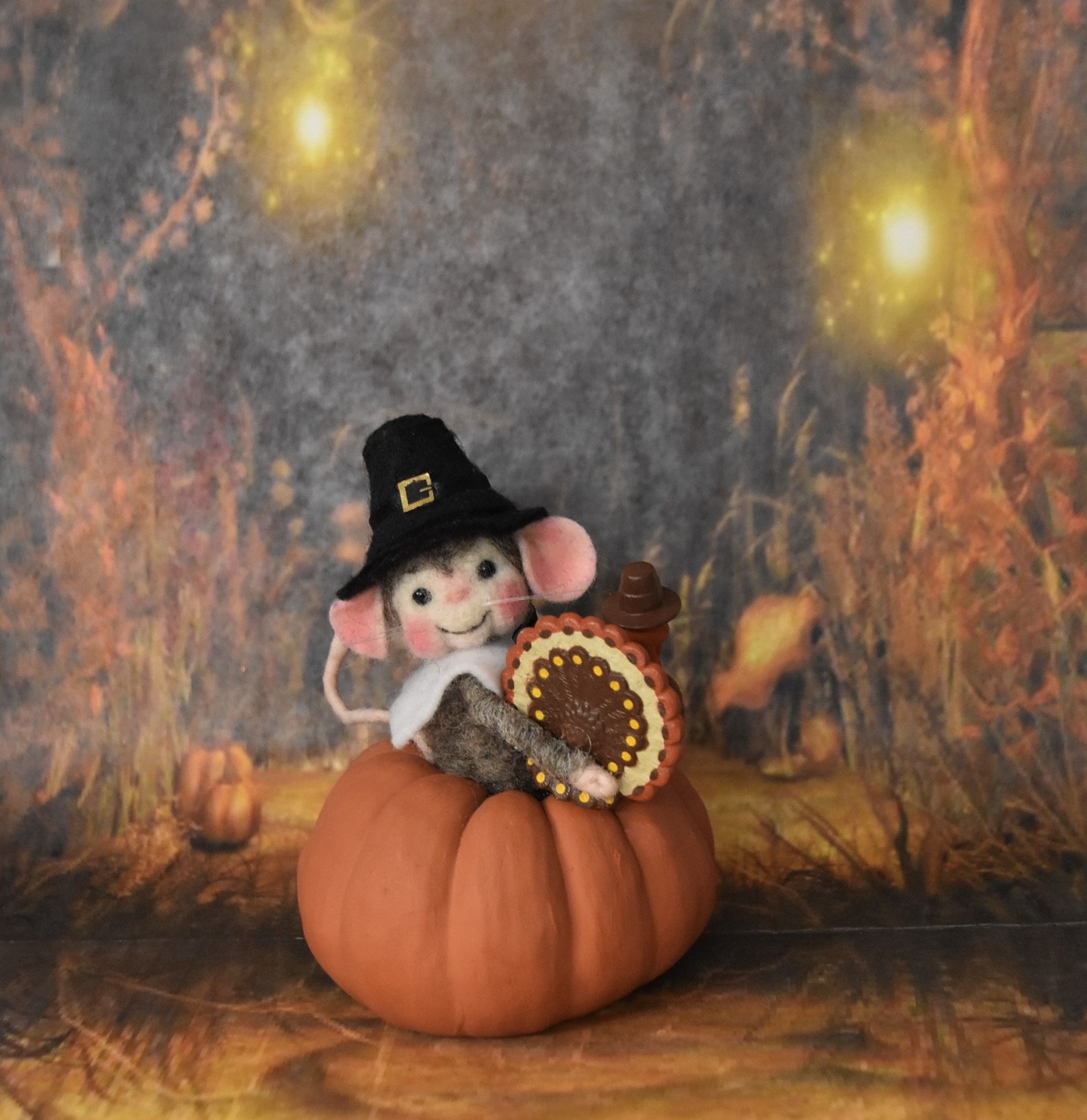 Thanksgiving Pilgrim Mouse and Turkey Centerpiece, Needle Felted ...