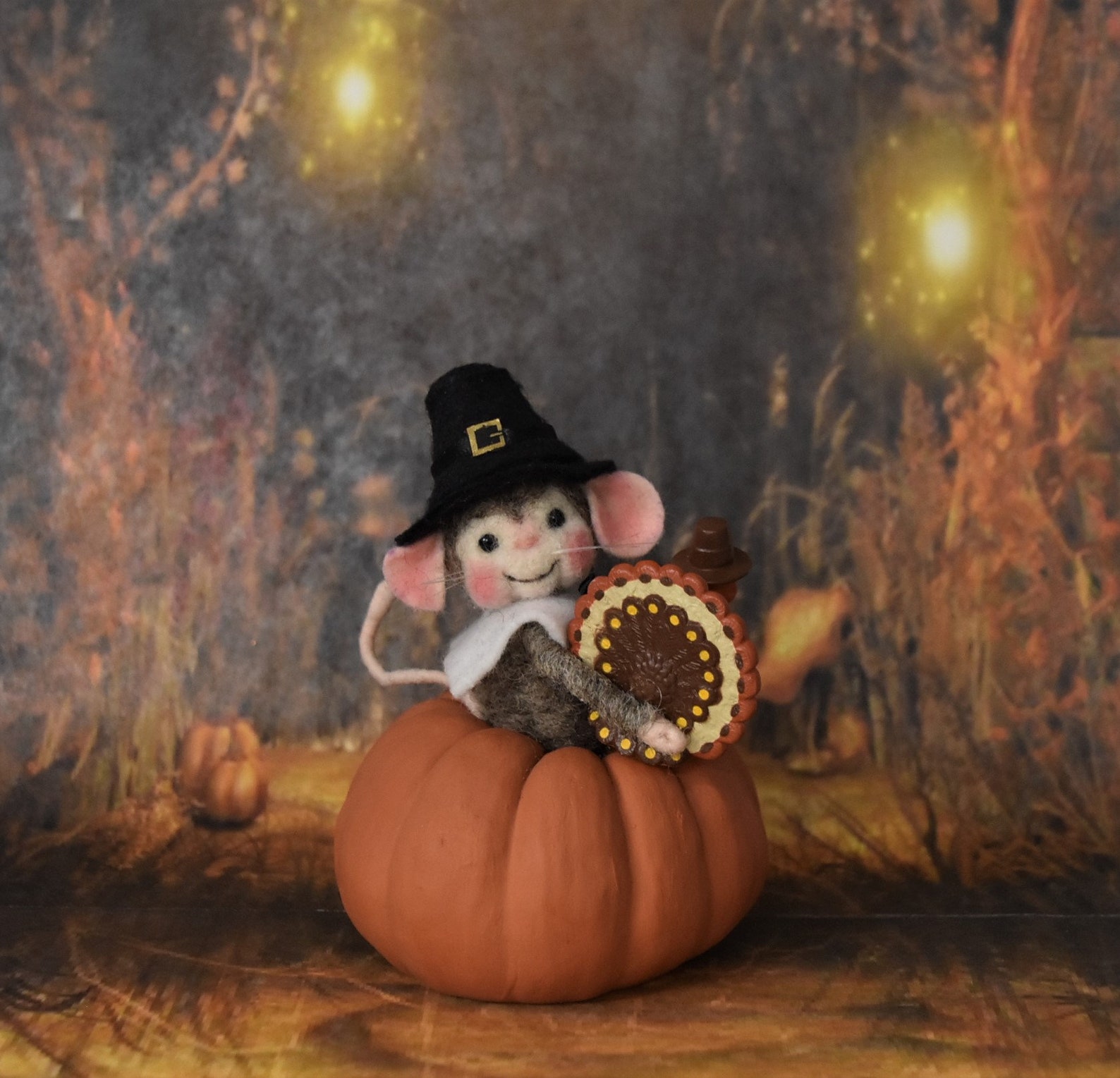 Thanksgiving Pilgrim Mouse and Turkey Centerpiece, Needle Felted ...