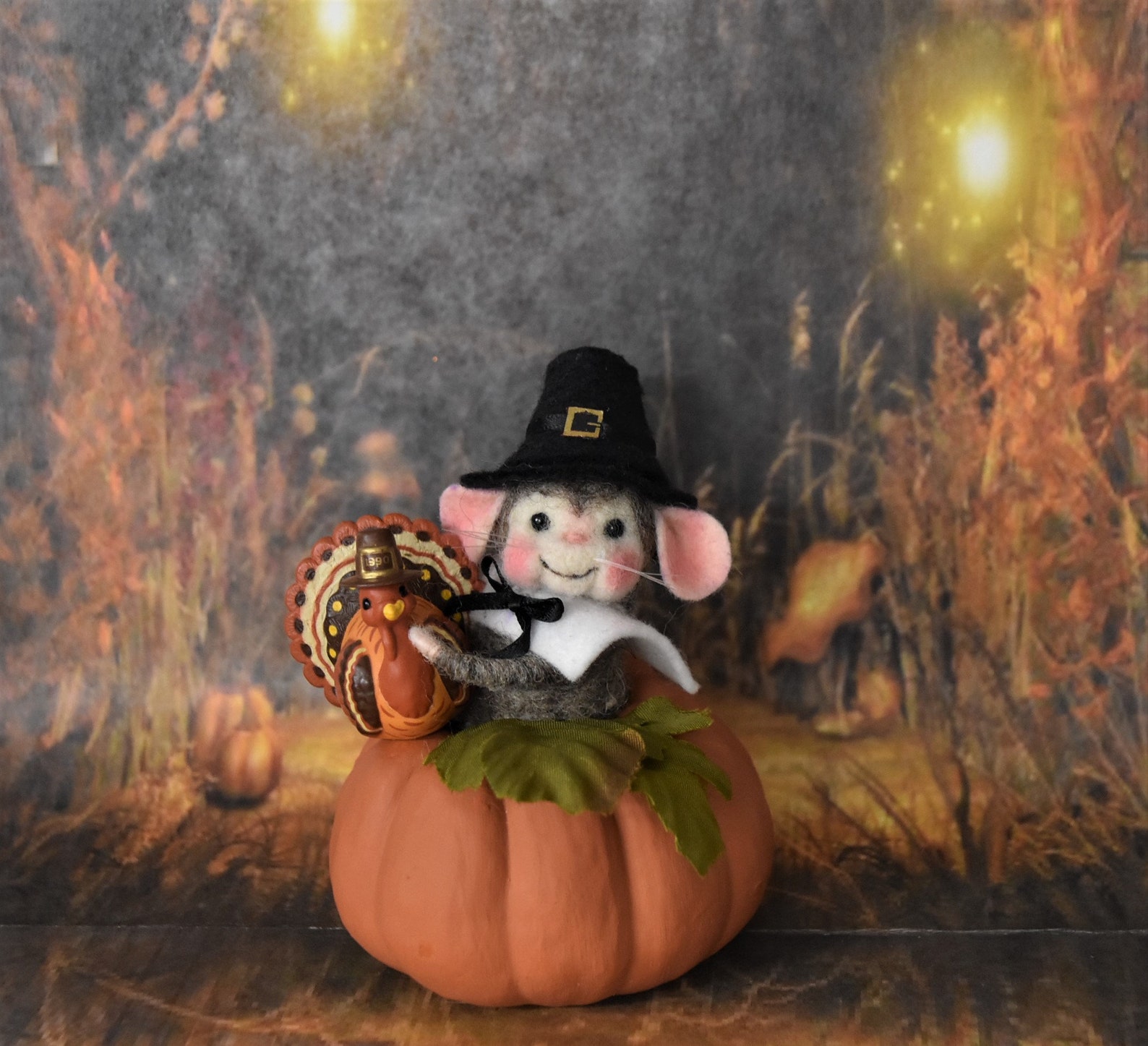 Thanksgiving Pilgrim Mouse and Turkey Centerpiece, Needle Felted ...