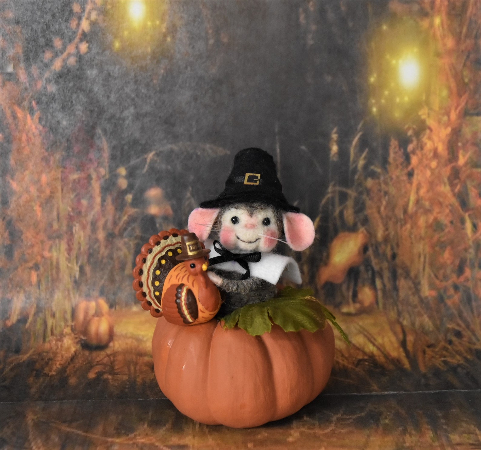 Thanksgiving Pilgrim Mouse and Turkey Centerpiece, Needle Felted ...