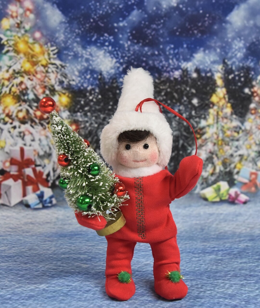 Half-pint Christmas Red Elf With Decorated Tree Doll Ornament ...