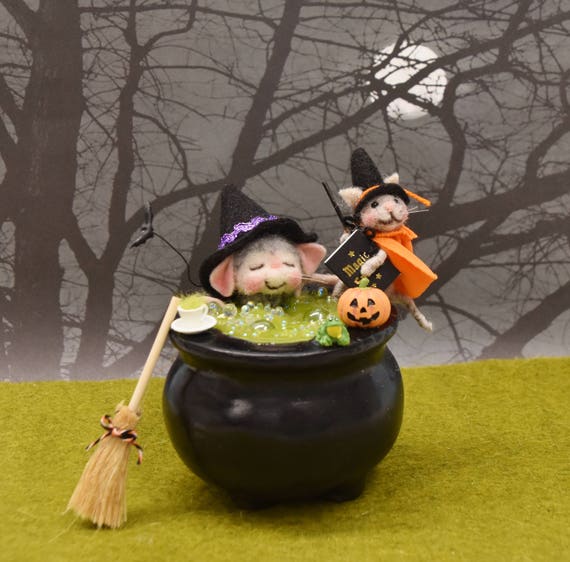 Needle Felted Halloween Mouse Witch and Cat With Cauldron - Etsy Australia