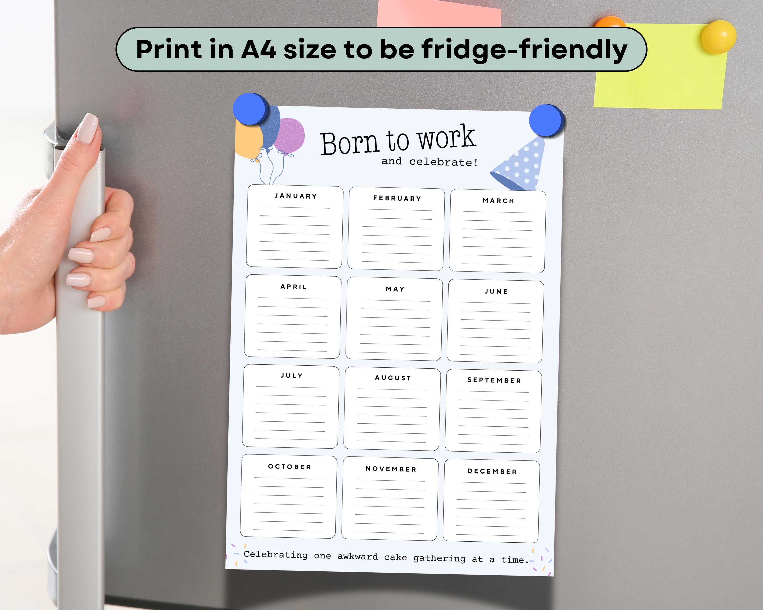 Office Birthday Calendar Printable Birthday Calendar Colleague Birthday ...