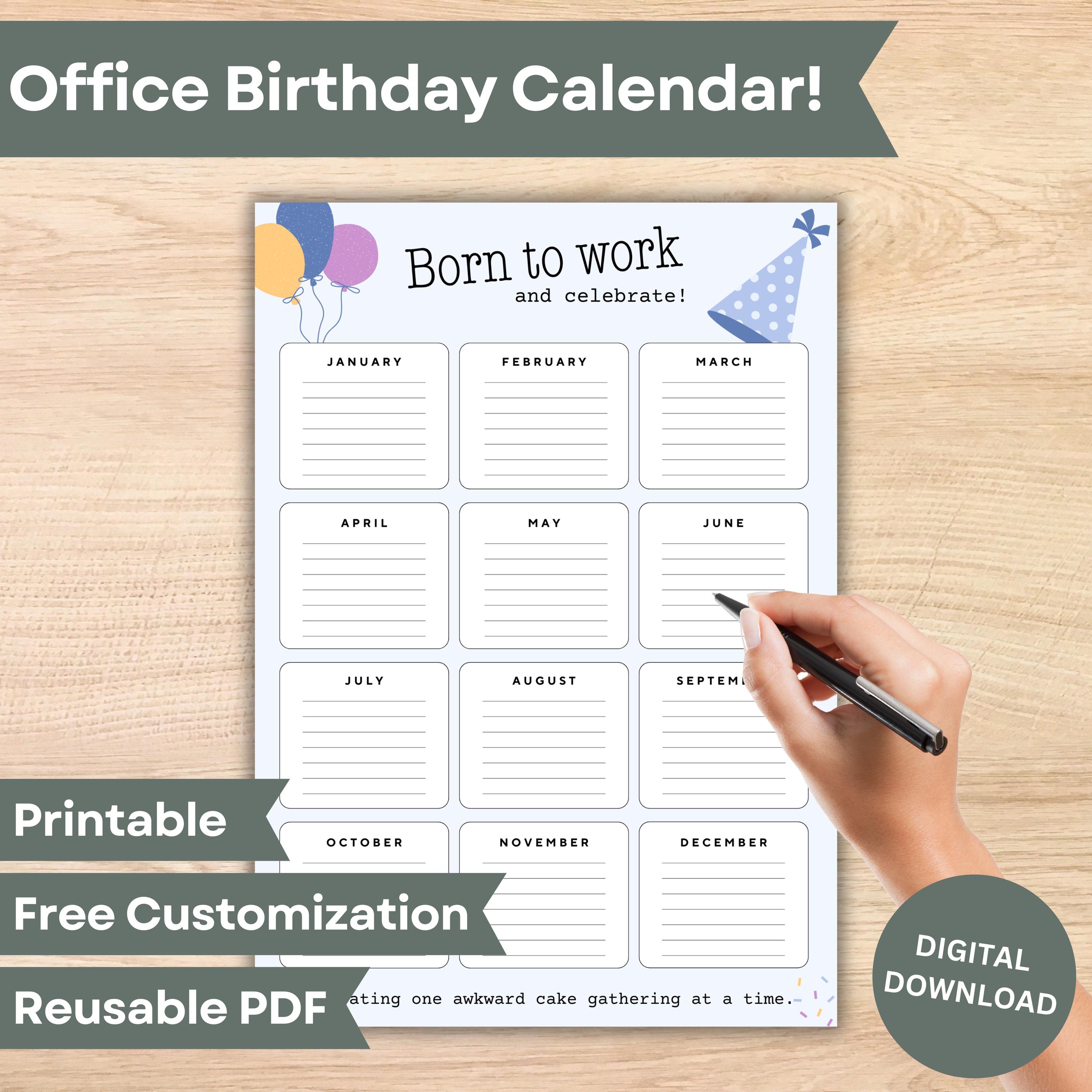 Office Birthday Calendar Printable Birthday Calendar Colleague Birthday ...