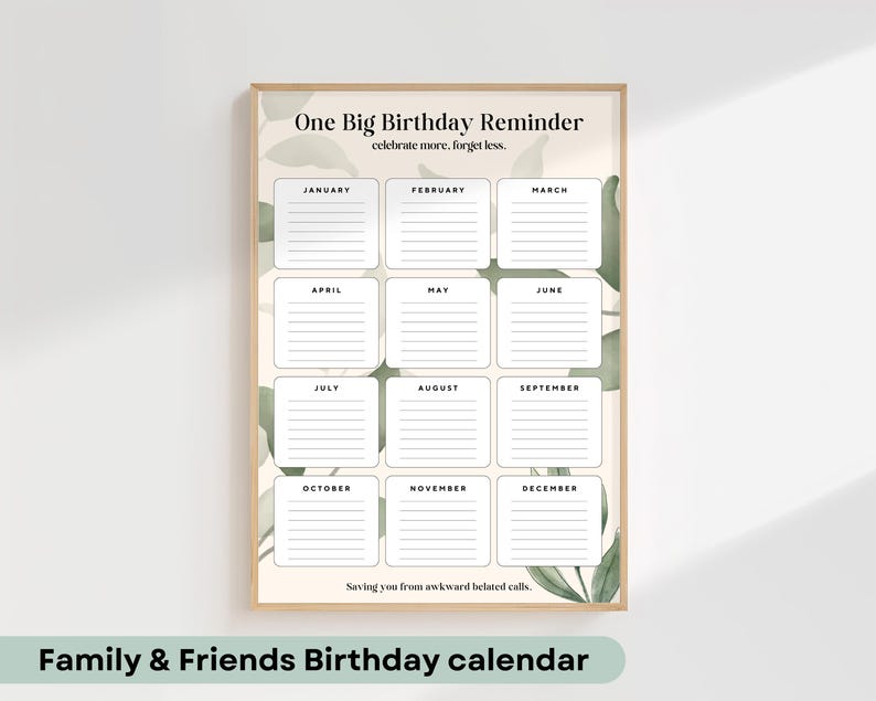 Birthday Calendar Tracker Printable Bday Calendar Perpetual Birthday ...