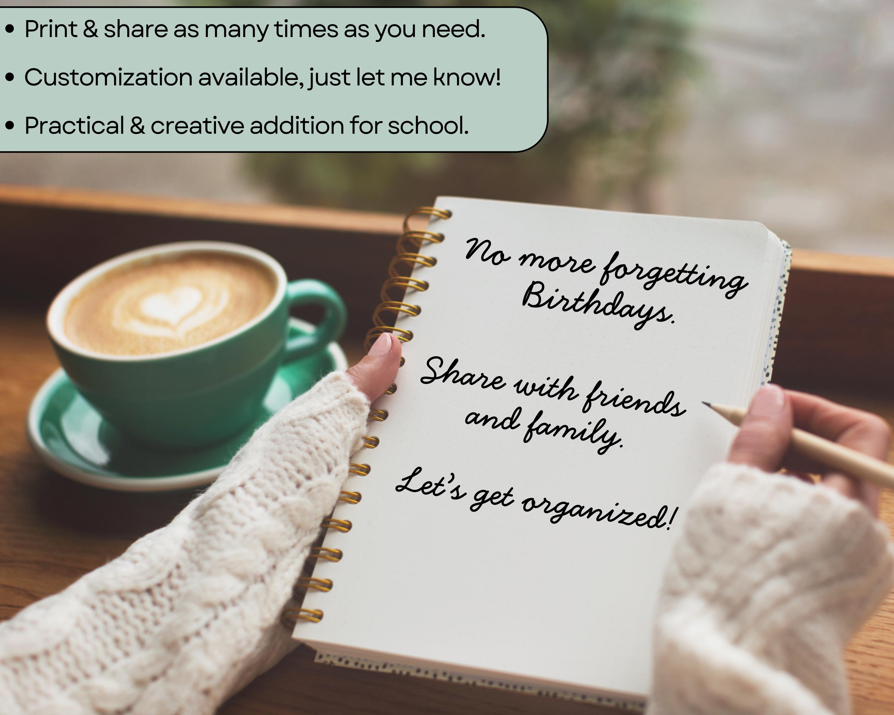 School Birthday Calendar Printable Birthday Calendar Student Birthday ...