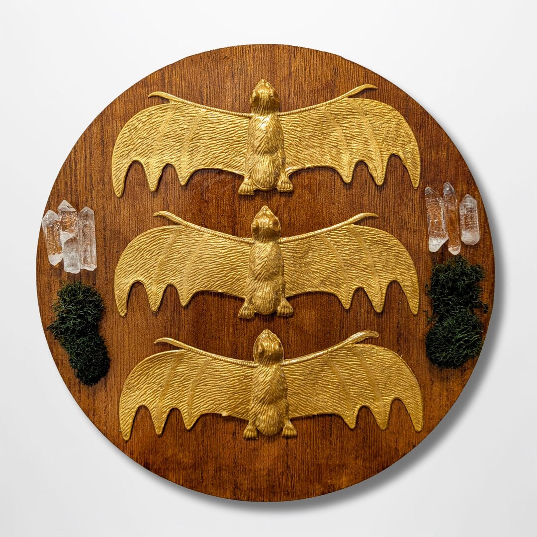 Bat Wall Art | Gothic Gold Faux Taxidermy | Plaque With Moss & Quartz ...