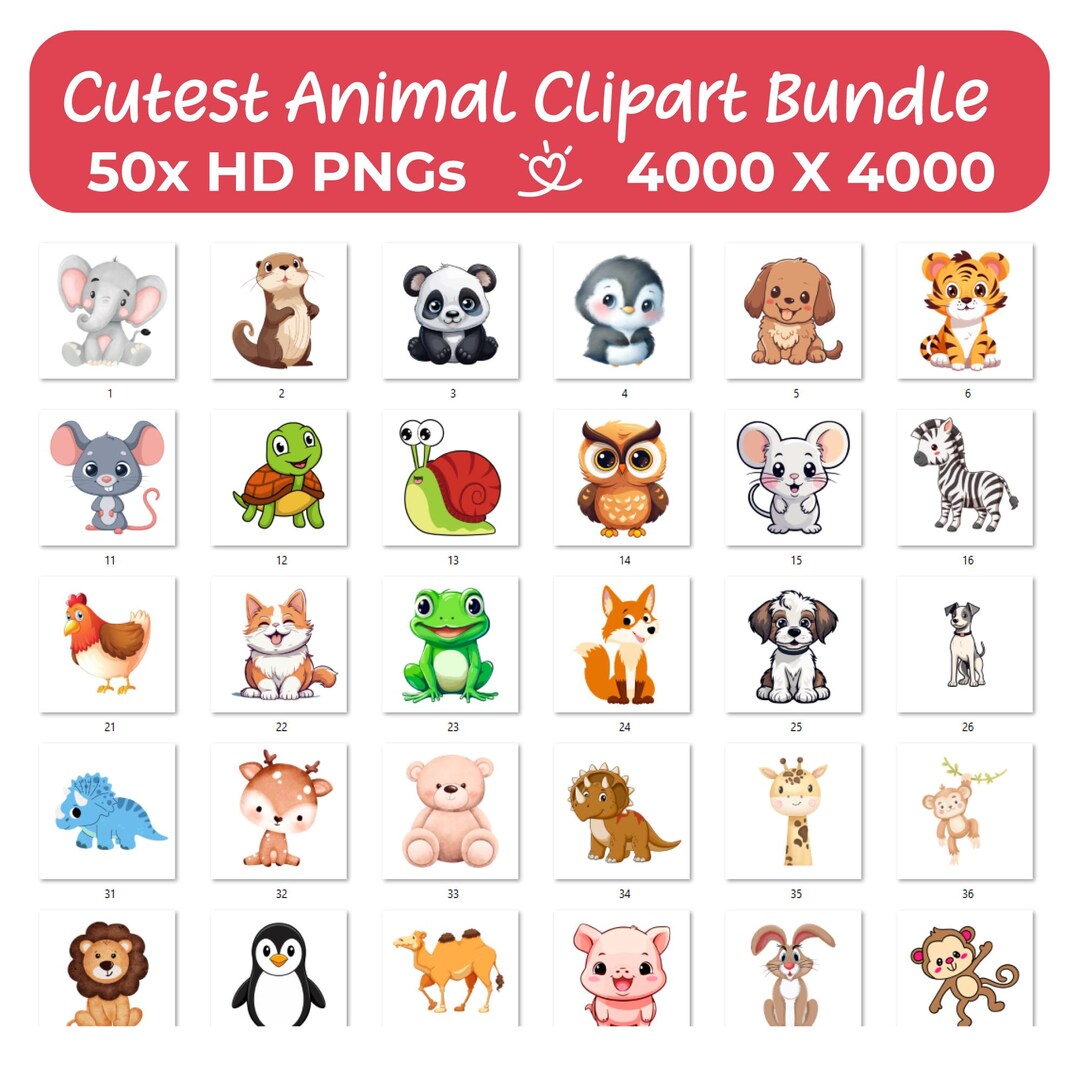 Watercolor Cute Animals Clipart, 50 Cute Animal PNG, Watercolor Animals ...