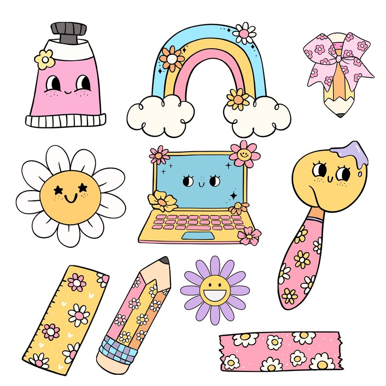 Groovy School Clipart Bundle, Retro Back to School Supplies Clip Art ...