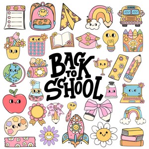 Groovy School Clipart Bundle, Retro Back to School Supplies Clip Art ...