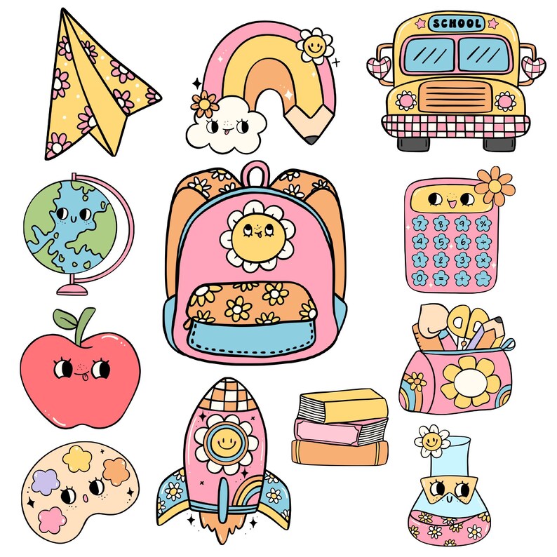 Groovy School Clipart Bundle, Retro Back to School Supplies Clip Art ...