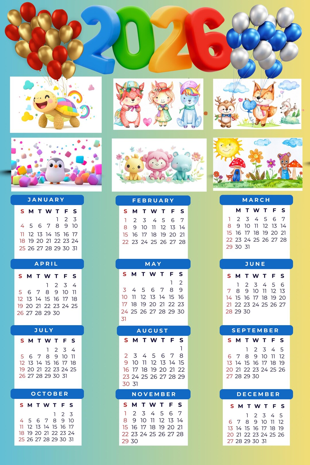 2026 Kids Calendar Printable | Kawaii Animals Monthly Planner (digital ...