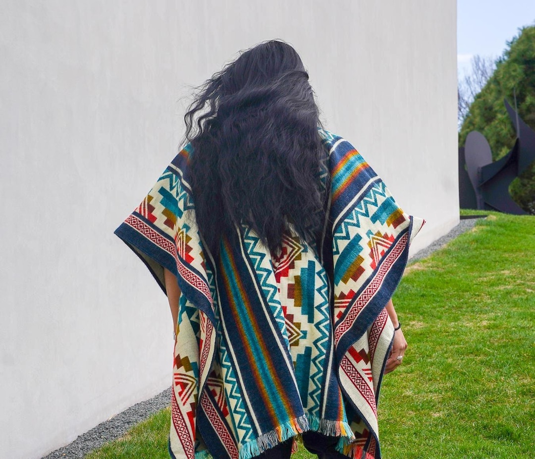 Authentic Andean Poncho – Geometric Pattern – Alpaca Cotton Blend ...