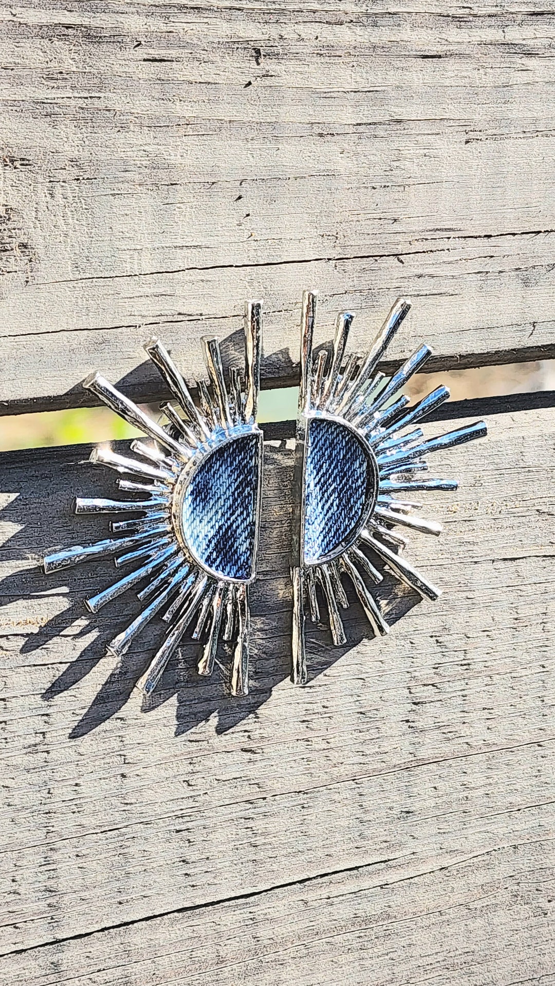 Denim Stud Earrings- SILVER Plated Acid Washed Jean Sunray Earrings - Etsy