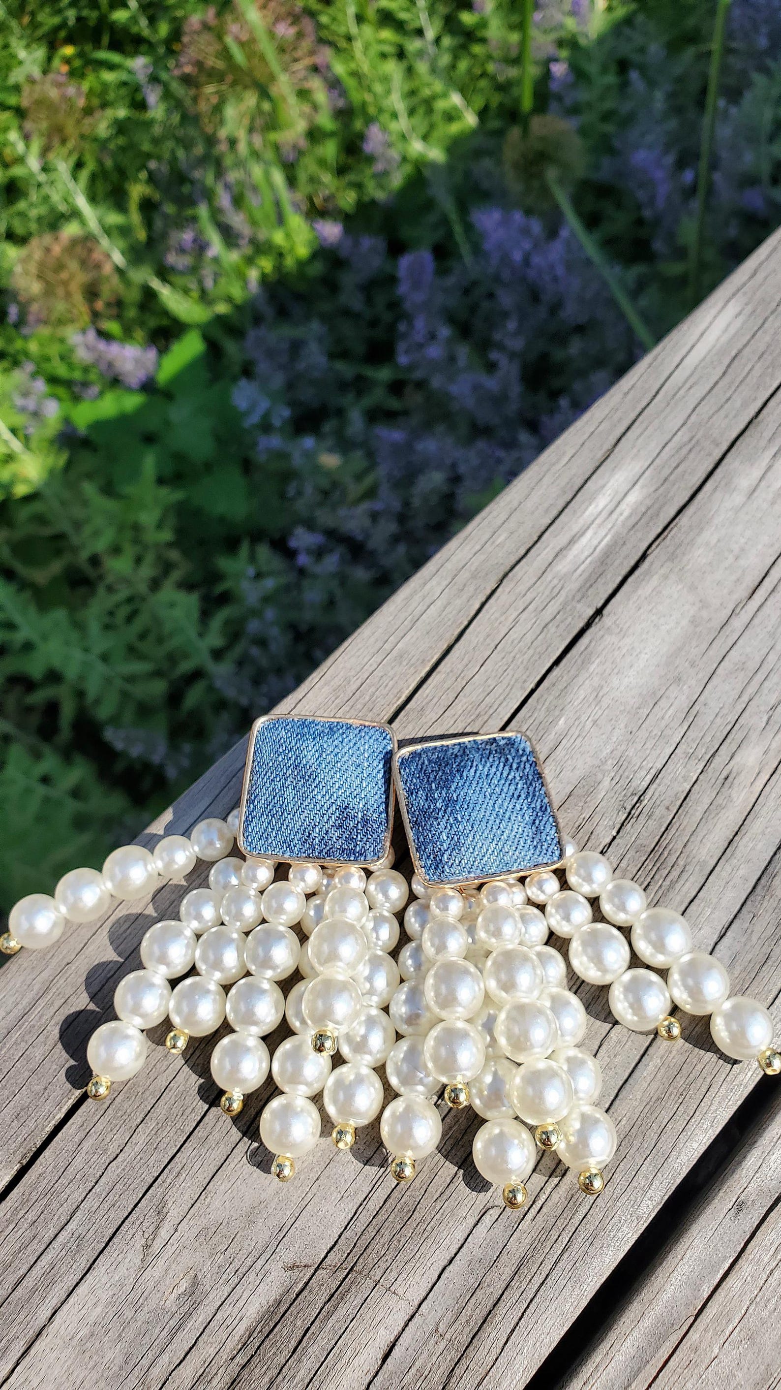 Denim Square Stud Bead Tassel Earrings- Gold Plated Jean PEARL - Etsy