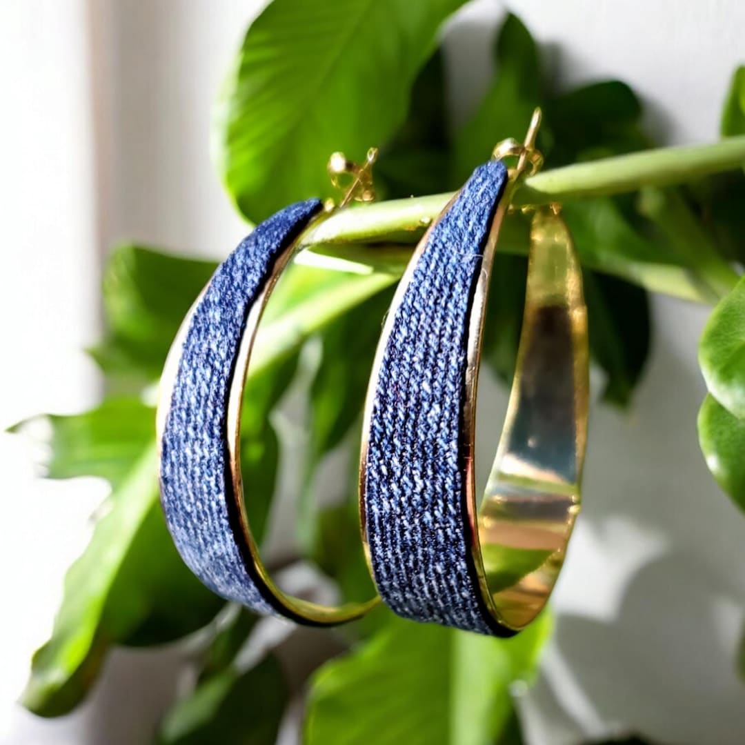 Denim Earrings- Denim Hoop Jean Earrings Med Washed GOLD - Etsy