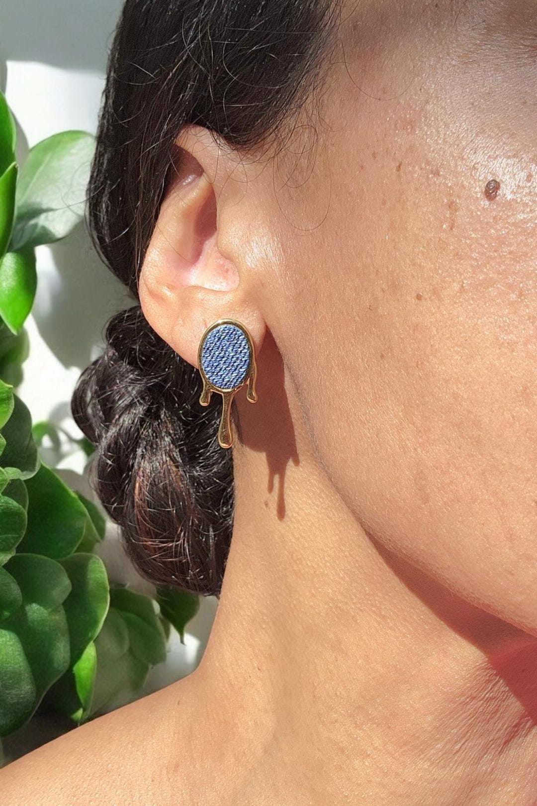 Denim Stud Earrings- GOLD Stainless Steel Drip Med Washed Jean Earrings ...
