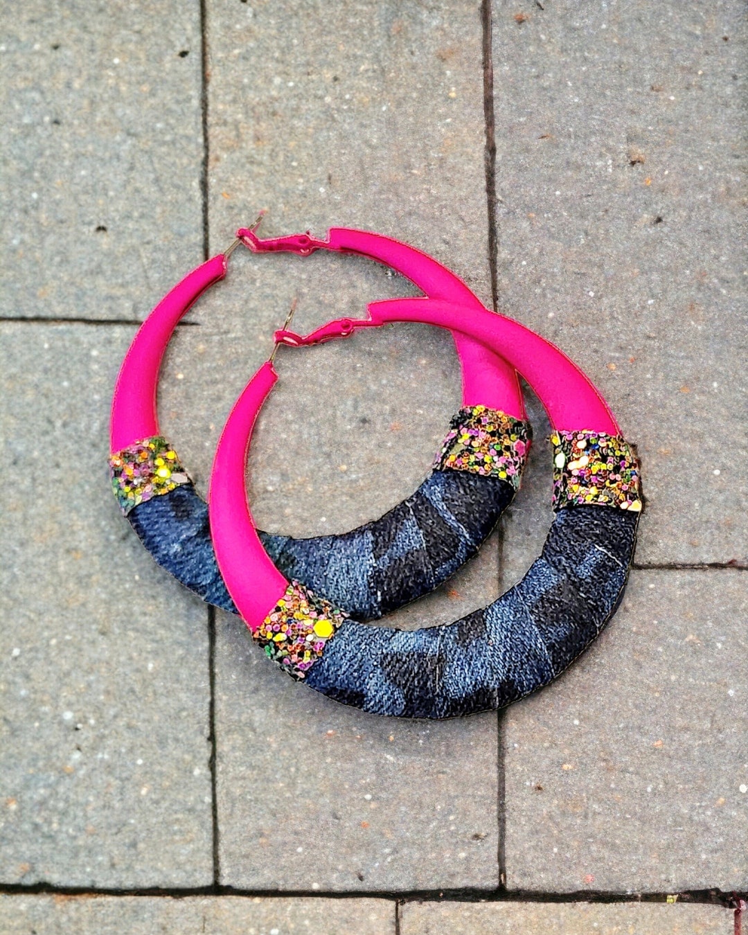 Denim Earrings- LARGE Round Hoop Jean Punk Pink Sparkle Earrings - Etsy