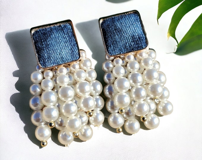 Denim Square Stud Bead Tassel Earrings- Gold Plated Jean PEARL - Etsy