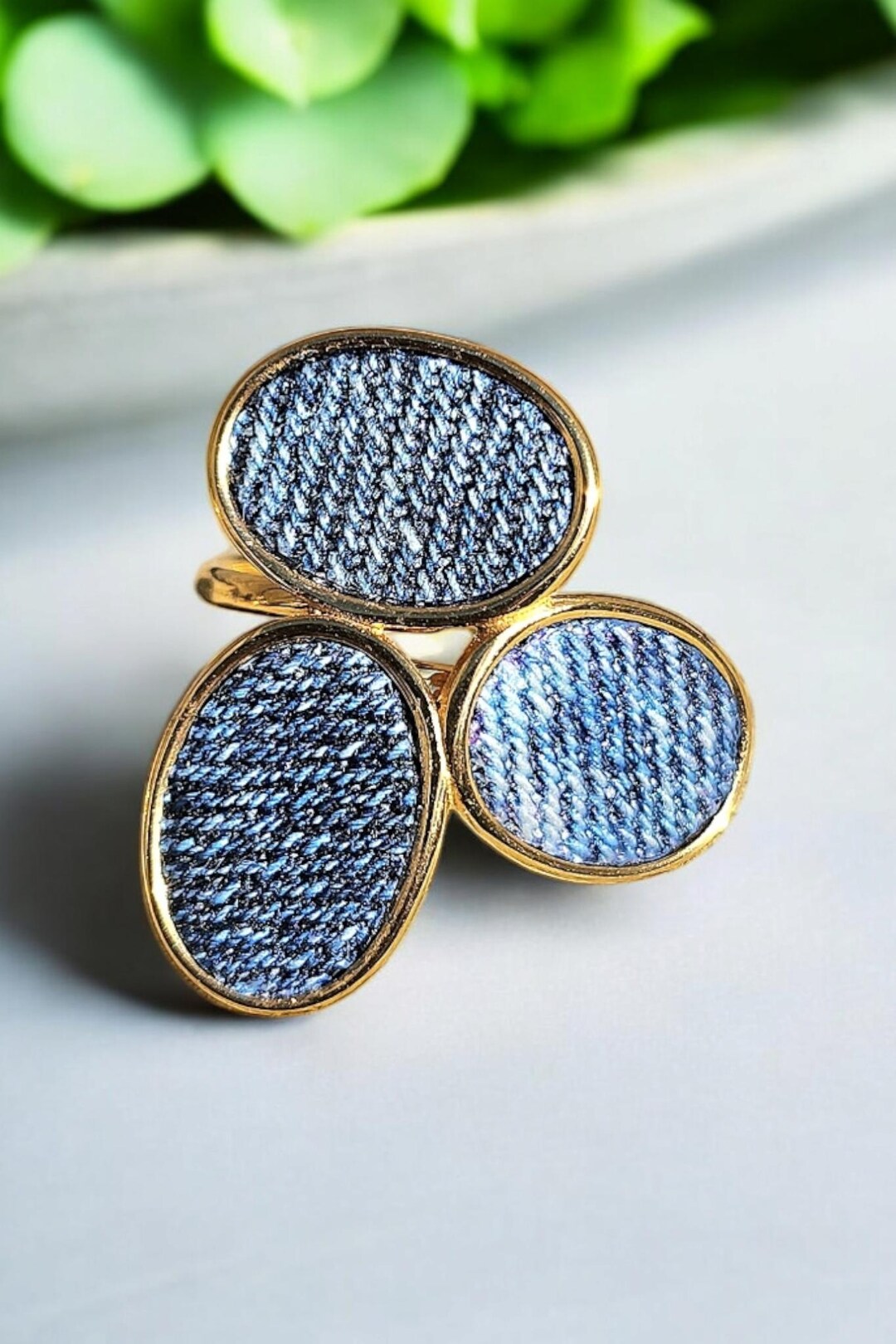 Denim Ring- Tri Oval Gold Stainless Steel Adjustable Finger Jean Ring ...
