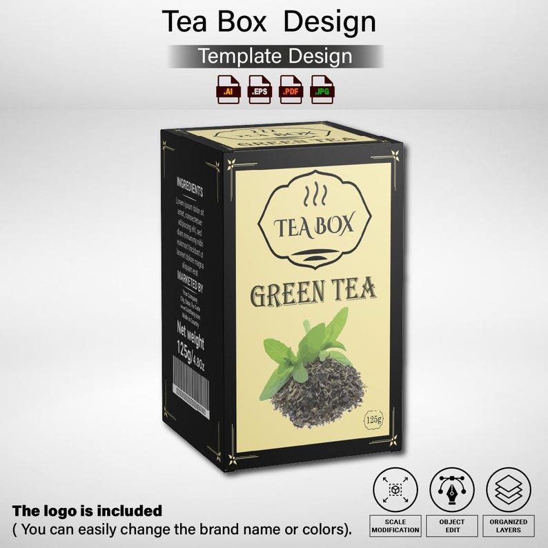 Tea Box Packaging Design Template | Editable Tea Box Label | Green Tea ...