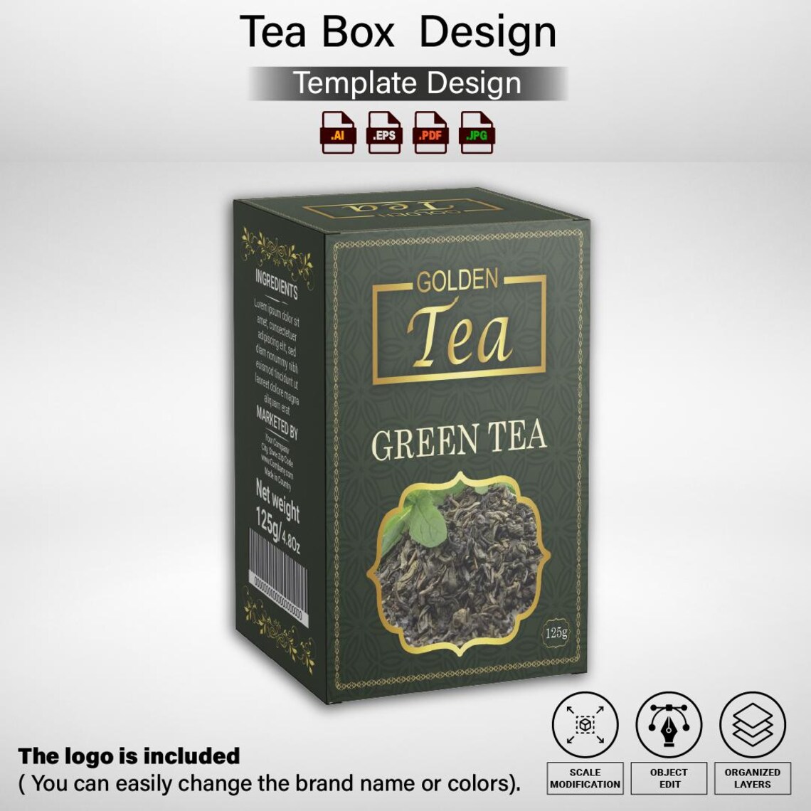 Tea Box Packaging Design Template | Editable Tea Box Label | Green Tea ...
