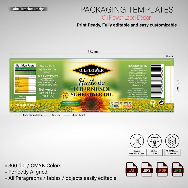Sunflower Oil Label Design Template | Editable Cooking Oil Bottle Label ...