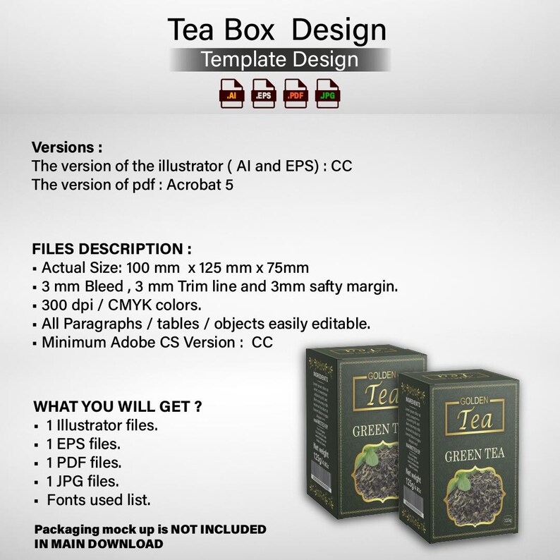 Tea Box Packaging Design Template | Editable Tea Box Label | Green Tea ...