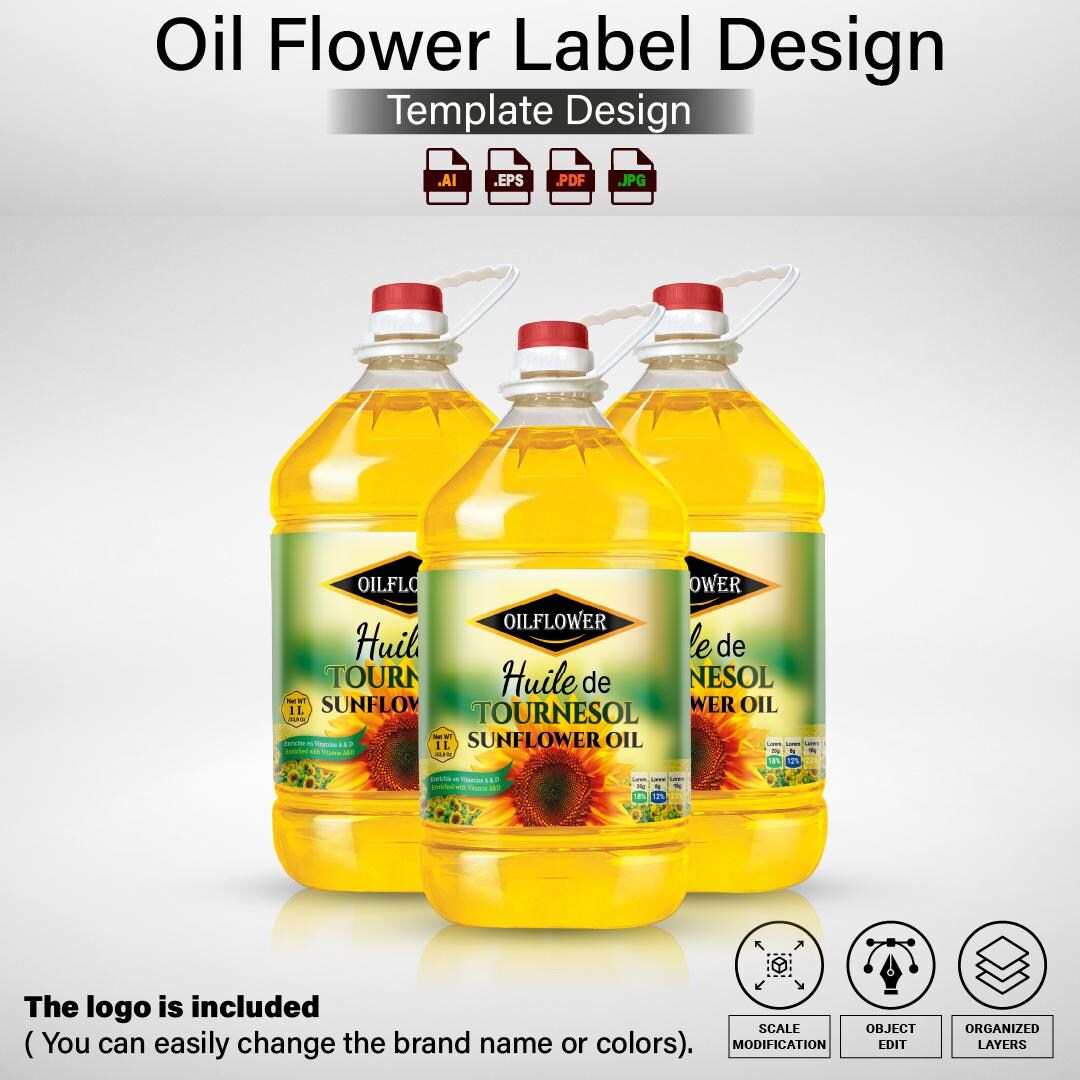 Sunflower Oil Label Design Template | Editable Cooking Oil Bottle Label ...