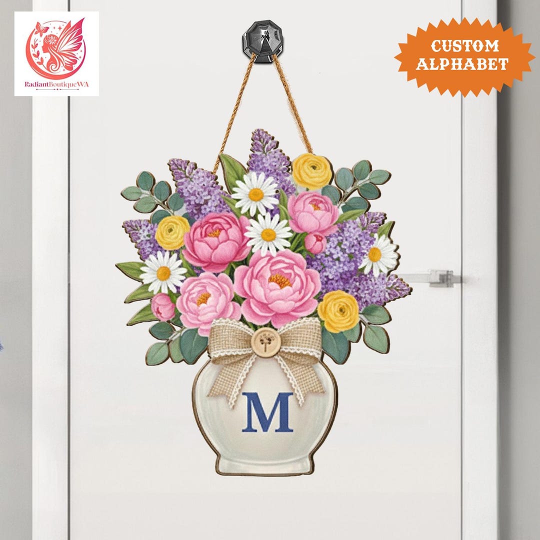 Personalized Floral Door Sign, Custom Initial Spring Wreath, Monogram ...
