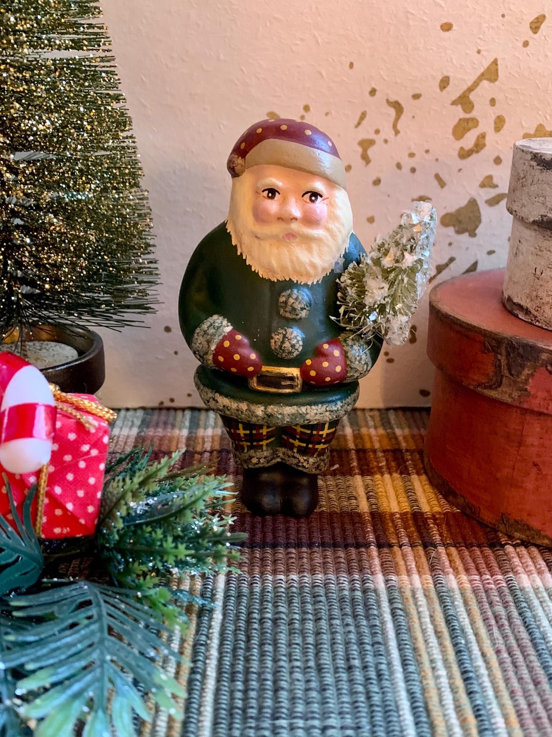 Chubby Chalkware Santa From Chocolate Mold Green Coat READY TO SHIP - Etsy