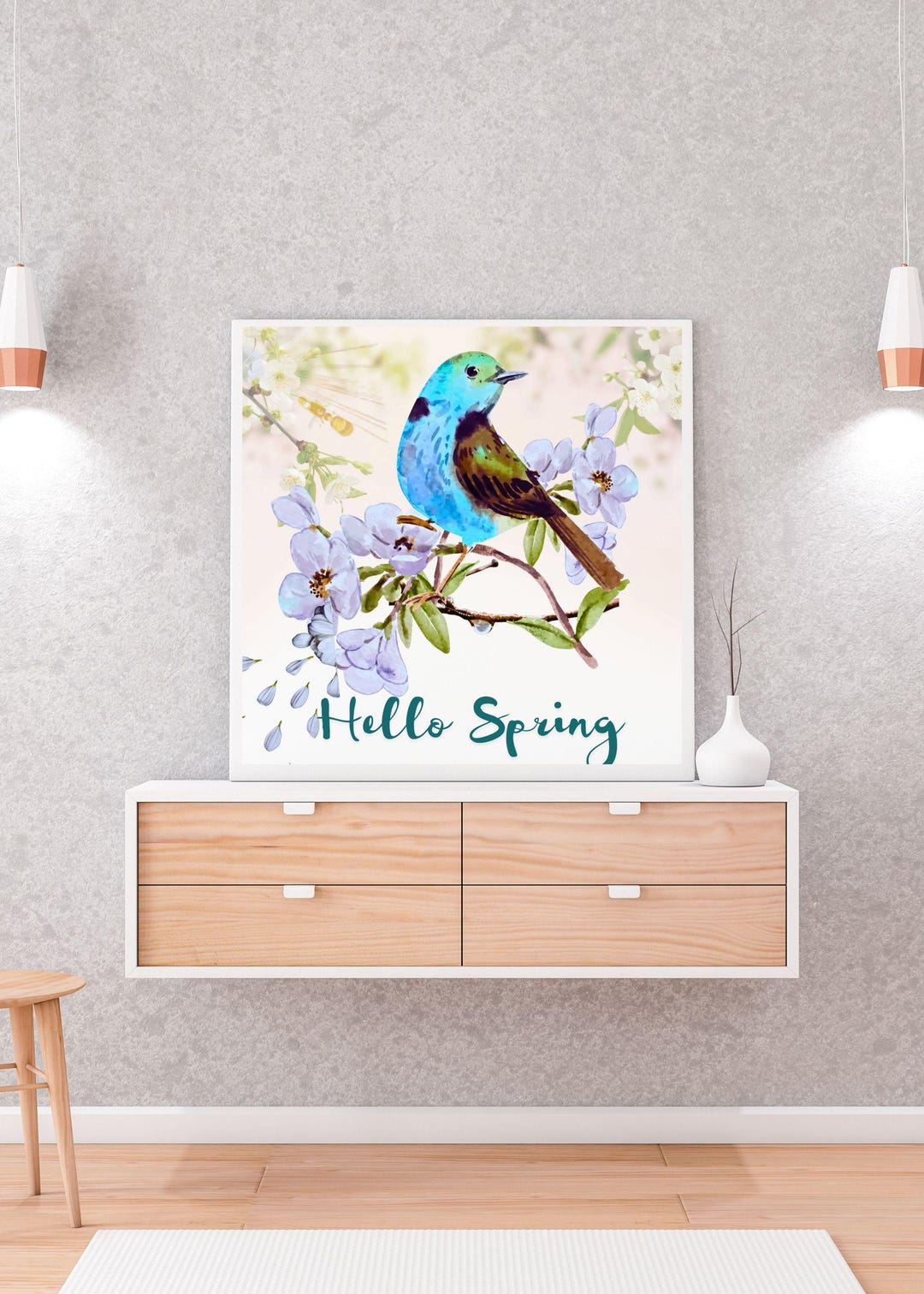 Spring Bird Digital Download - Watercolor Blue Bird Wall Art - Hello ...